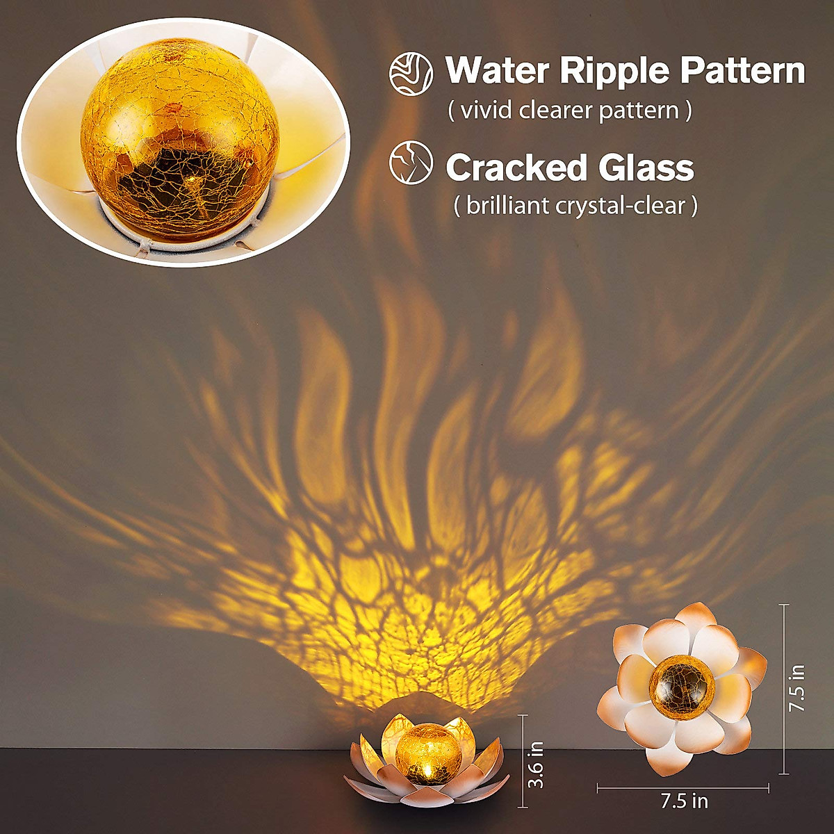 AIINY Garden Solar Lights Outdoor(2Pack) , Amber Crackle Globe Glass Lotus Decoration , Waterproof Orange Metal LED Flower Lights for Patio,Lawn,Walkway,Tabletop,Ground, Garden Gifts for Women