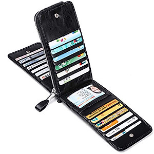 JEEBURYEE Women's Oil Wax Real Leather Multi Credit Card Holder Wallet RFID Blocking Long Bifold Clutch Wallet Ladies Purse with Zipper Pocket Black