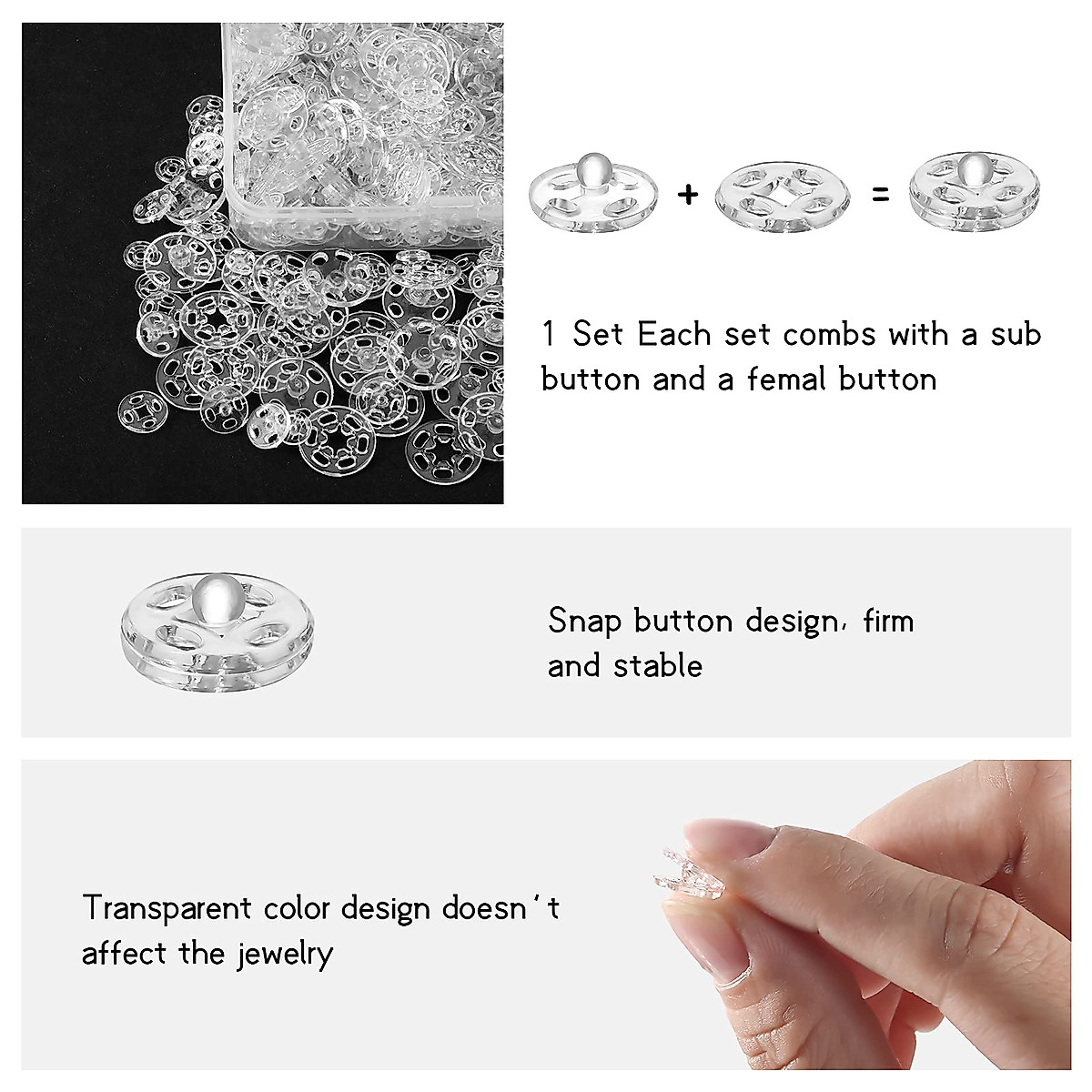 150 Sets Plastic Snap Fasteners Buttons Invisible Sewing on Snap Buttons 7.5 mm 10 mm 15 mm Round Clear Press Button Transparent Sew-on Button with Storage Box for Shirts Clothing DIY Craft Baby Bibs