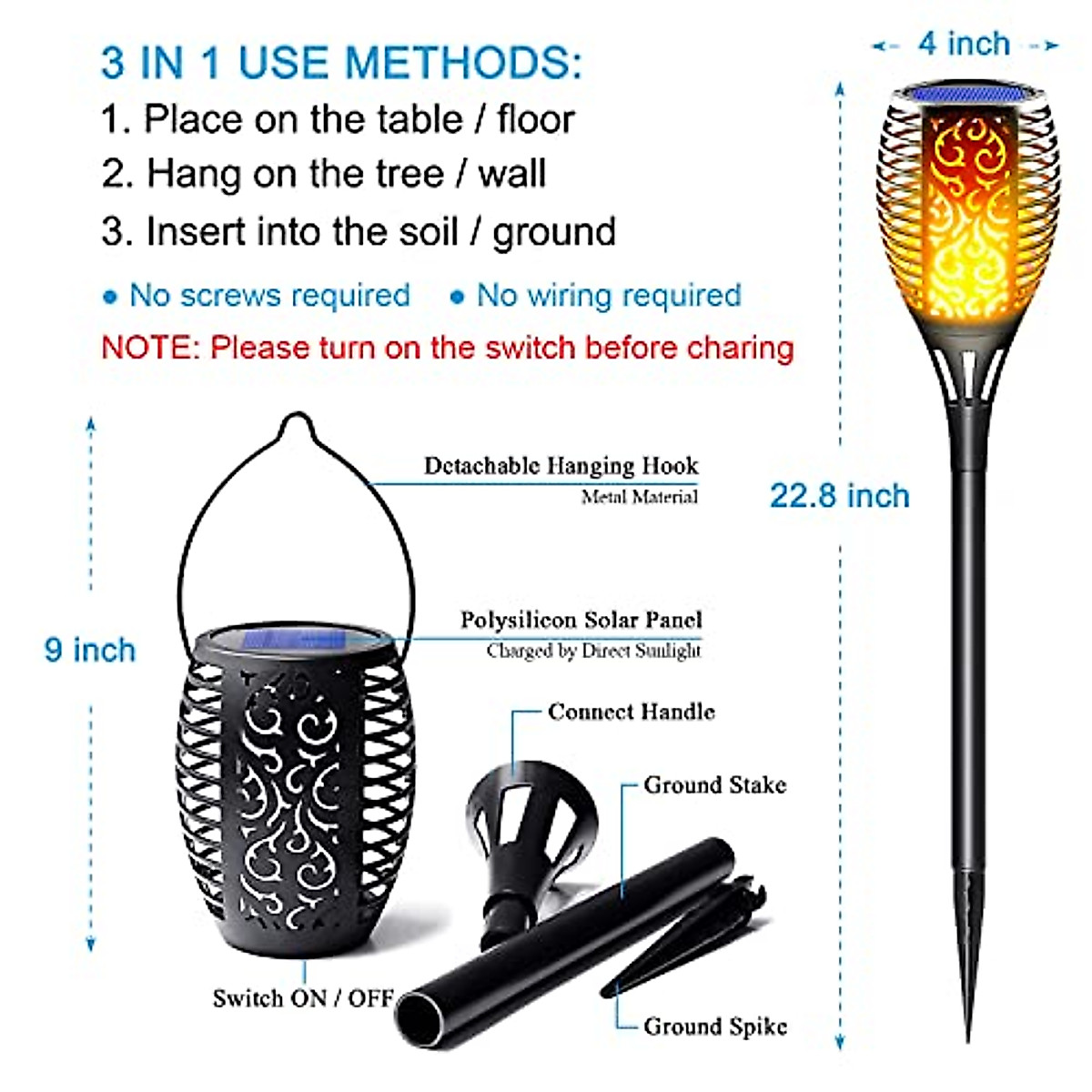 LazyBuddy Solar Torch Light with Flickering Flame, Upgraded 3 in 1 Solar Fire Lights Outdoor Hanging Lanterns, Large Solar Powered Christmas Decorations Tiki Torches for Garden, Pathway, Lawn, Yard