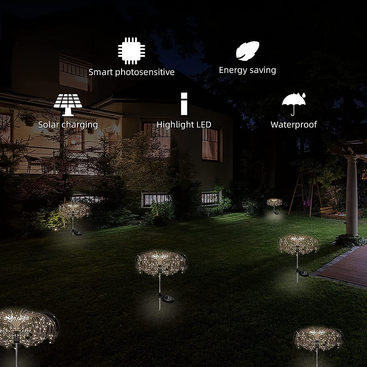HFLYJPYW Solar Garden Lights Solar Fireworks Lights 150 Lights 2 Pack Solar String Lights with 2 Lighting Modes Garden, Terrace, Courtyard, Flower Bed, Party (Warm White) (Warm White)