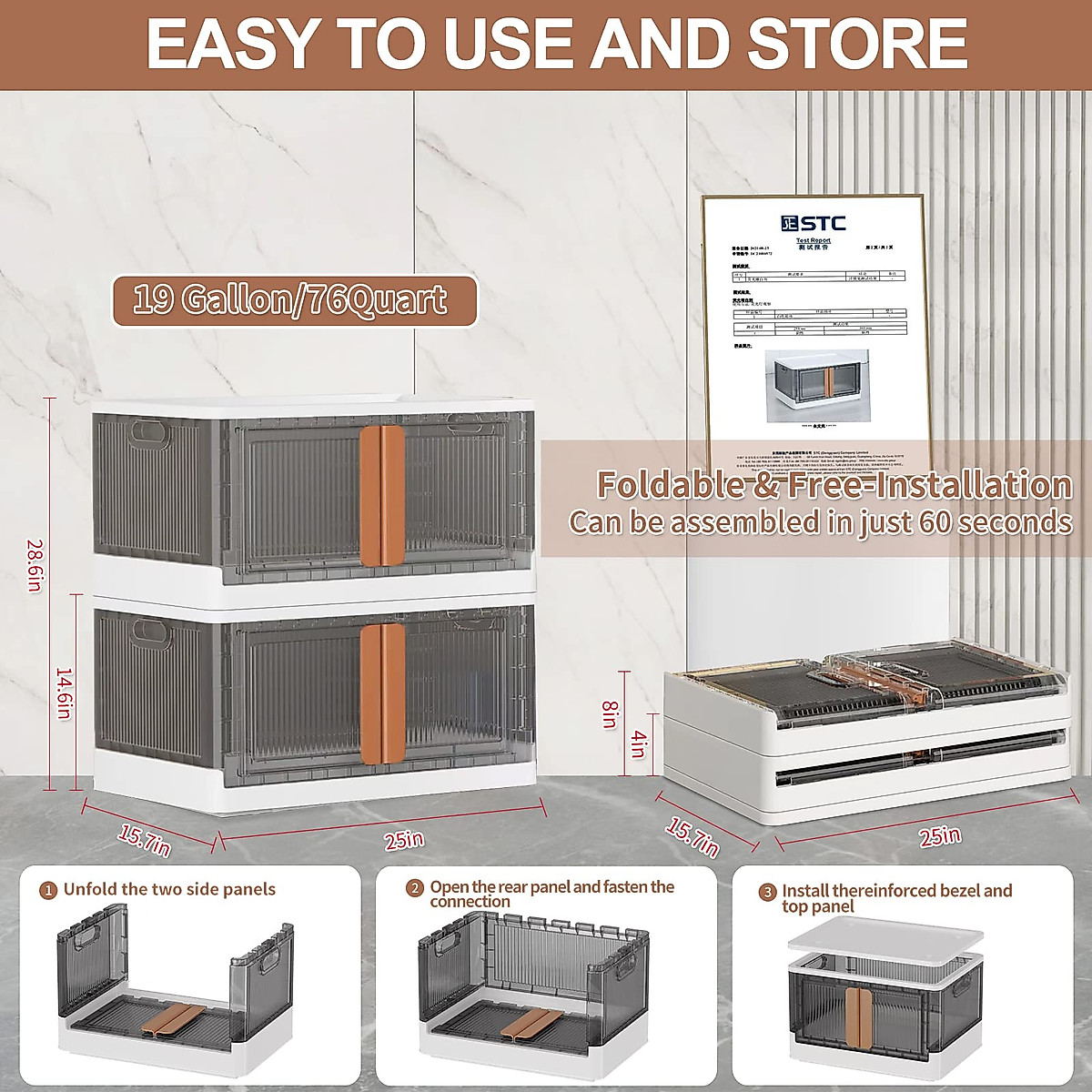 Sineda Storage Bins with Lids - 19 Gallon Stackable Storage Bins. Collapsible Storage Bins with Wheels and Door, Ideal for Storage and Organization. (19 Gal - 2 Pack, White)