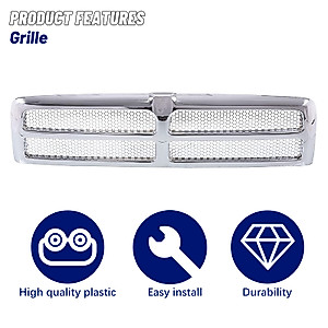 JustDrivably Replacement Parts Front Grille Grill Assembly With Chrome Shell Frame With Chrome Honeycomb Insert Compatible With Dodge Ram 1500 1994-2001 Ram 2500 3500 1994-2002 Pickup Truck