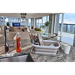 SAMMART 8L (2.11Gallons) Collapsible Dish Drainer with Drainer Board - Foldable Drying Rack Set - Portable Dinnerware Organizer - Space Saving Kitchen Storage Tray (White/Latte, 1)