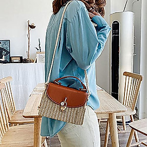Meyaus Women Mini Lock Decoration Straw Woven Cross-body Shoulder Bag PU Leather Flap Top-handle Bag Handbag