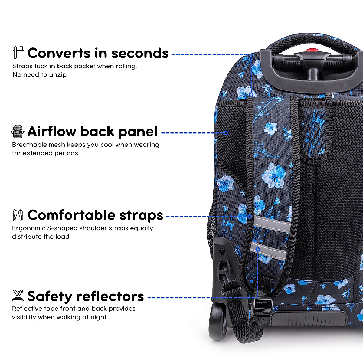 J World New York Sundance Rolling Backpack Girl Boy Roller Bookbag, Night Bloom, 20 X 13 X 9 (H X W X D)