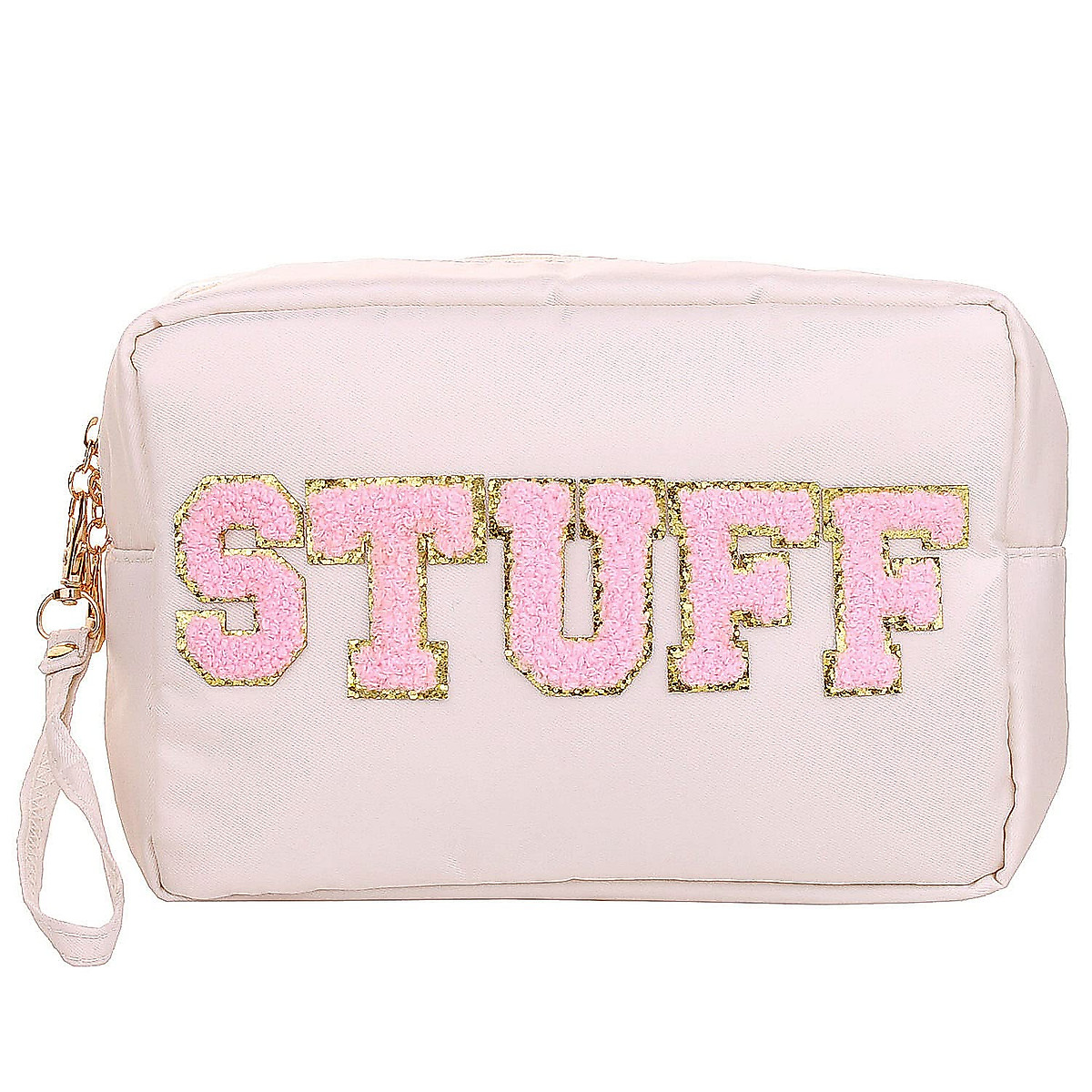 oaesc Nylon Cosmetic Bag Chenille Letter Patches Waterproof Travel Pouch Snack Makeup with Wrist Strap for Women (Beige-STUFF)