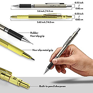 Nicpro Gold Mechanical Pencils Set, 3 PCS Metal Drafting Pencil 0.5 mm & 0.7 mm & 0.9 mm & 3 PCS 2mm Graphite Lead Holder (2B HB 2H) For Writing, Sketching Drawing With 12 Tube Lead Refills Case