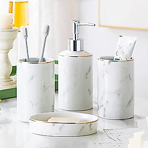 RUNLAIKEJI White Bathroom Accessories Set 4 Pcs,Home Bathroom Counter Set, Marbling Ceramic Bathroom Accessories with Soap Dispenser, Soap Dish, 2 Mouthwash Cups Box Packaging