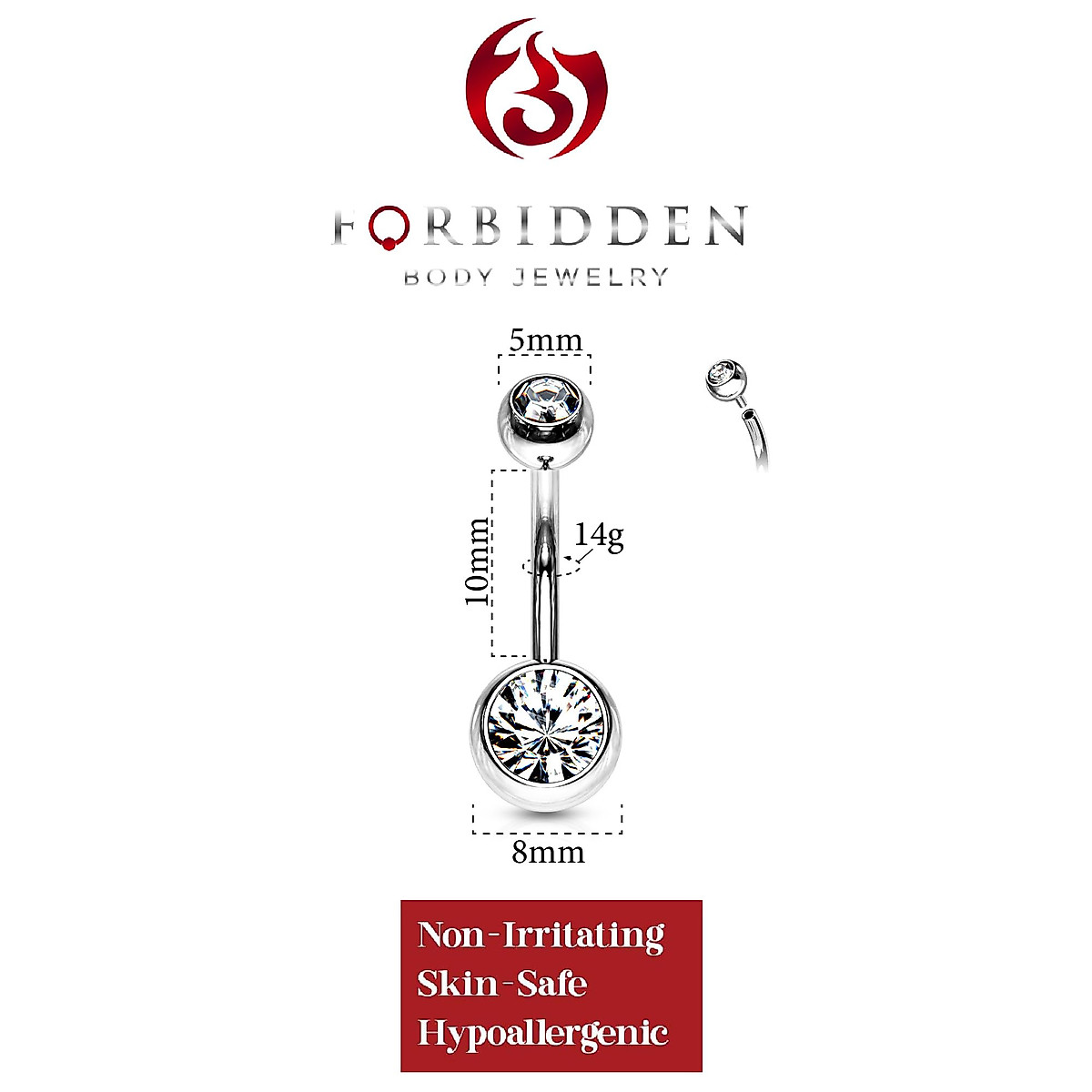 Forbidden Body Jewelry Belly Button Ring Double CZ Crystal Ball Belly Ring Surgical Steel Internally Threaded 14G
