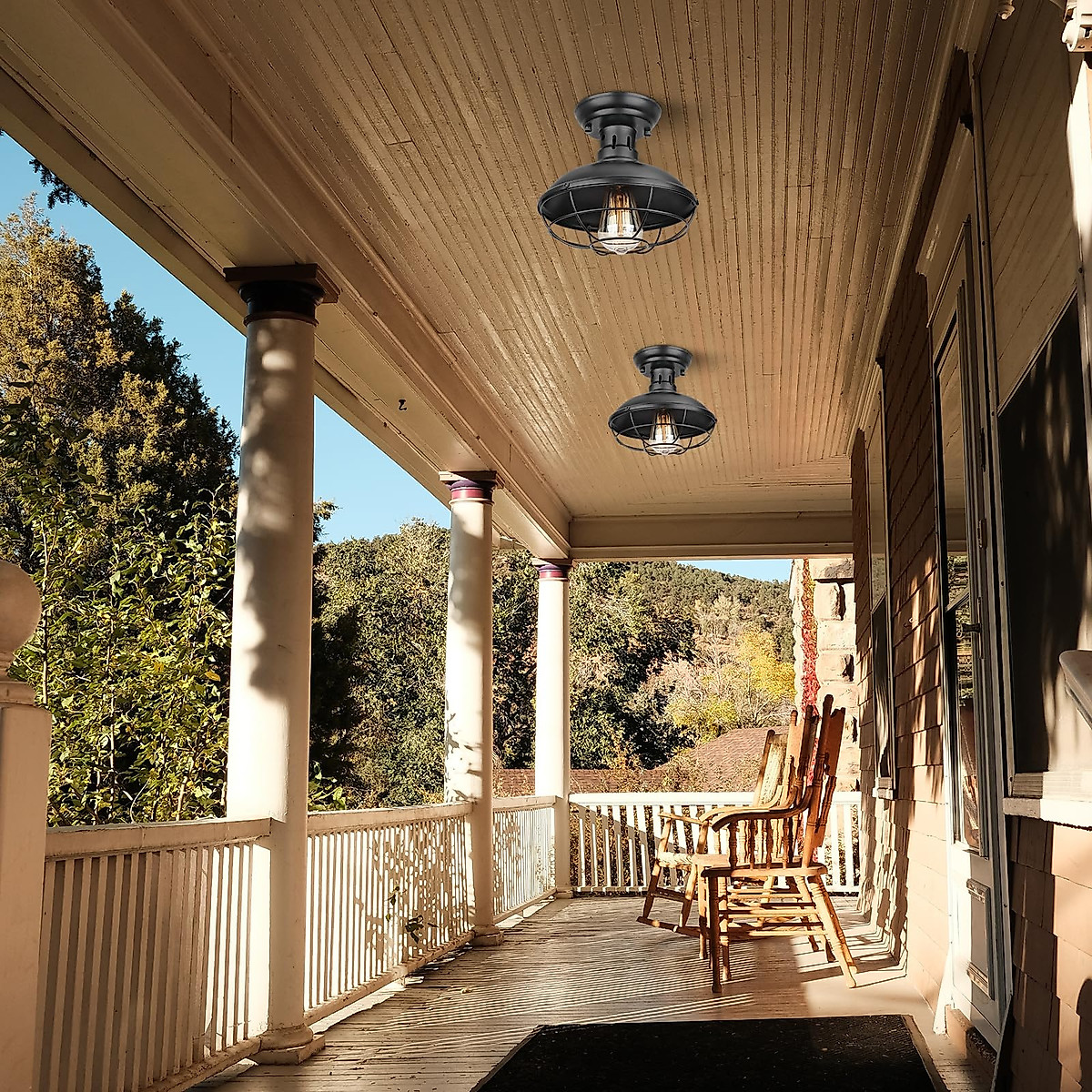 2 Pack Farmhouse Flush Mount Ceiling Light - Easric Industrial Ceiling Light Fixture Rustic Black Metal Cage Close to Ceiling Lamp E26 Base for Hallway Foyer Kitchen Porch