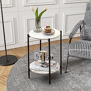 Wiyoskeey Small Round Tables for Small Spaces, Faux Marble Side Table Round, White Marble Small Coffee Table, 2-Tier End Table with Open Storage Shelf for Living Room, Nightstand for Bedroom