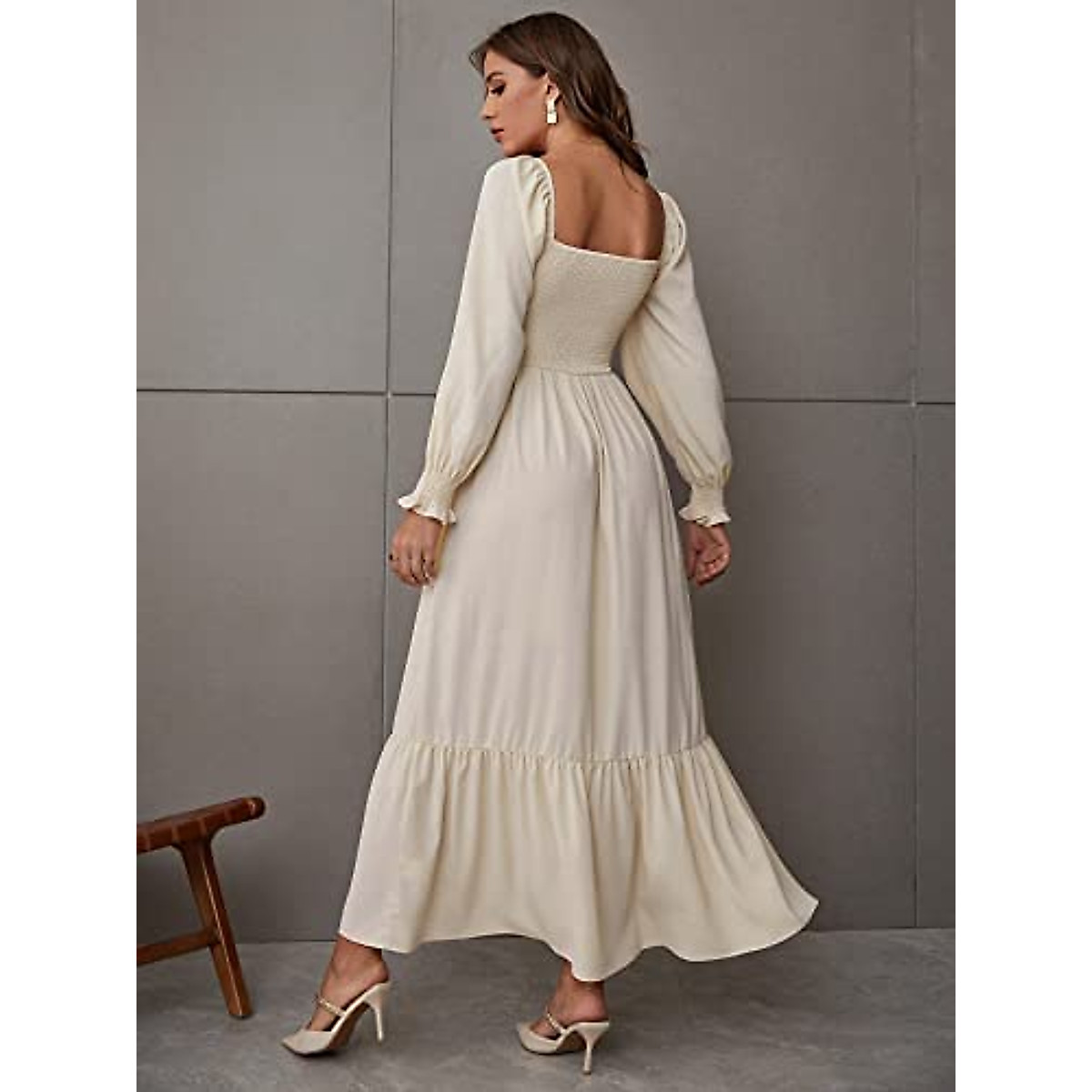 WDIRARA Women's Square Neck Flounce Shirred Ruffle Hem Elegant Long Sleeve Maxi Dress Apricot L