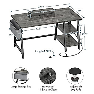 Armocity Computer Desk with Outlet and USB Charging Port, 47 Inch Desk with Reversible Storage Shelves, Modern Gaming Desk with Moveable Monitor Stand and Storage Bag for Home Office Workstation, Gray