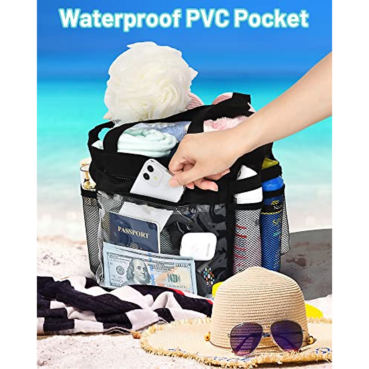 ULG Shower Bag, Mesh Shower Caddy with Waterproof Bag and Slippers Pocket, Large Hanging Portable Shower Tote Beach Bag with S Hook for College, Dorm, Gym, Camp, Beach, Pool