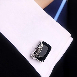 BXLE Black Cufflinks and Tie Clip Set for Men, Opal Gem Stone Cuff Links Cufflink Necktie Bar Clips Stickpin for Wedding Party Groomsmen, Luxury Business Formal Shirt Studs Button Clasp for Father