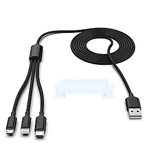 Multi 3 in 1 USB Long iPhone Charging Cable, 3M/10Ft Nylon Braided Universal Phone Charger Cord USB C/Micro USB/Lightning Connector Adapter for Android/Apple/Samsung/LG/Pixel/Huawei/XiaoMi(Black)