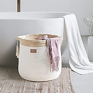 Rope Basket Woven Storage Basket with Handles - Laundry Basket Large 17.3x 15 x 14.1 Inches Cotton Blanket Organizer, Baby Nursery Containers White Home Decor Gift