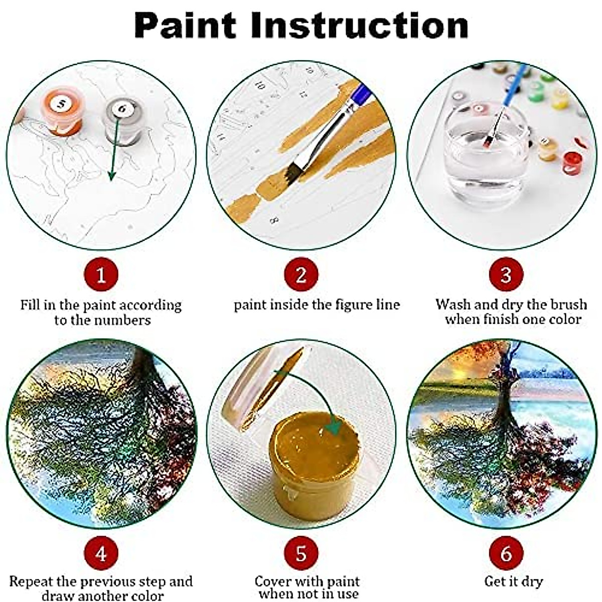 Fycert (4 Pack) DIY Paint by Numbers Kits,Canvas Oil Painting Set for Adults Beginner,16" L x 12" W Drawing Paintwork with Paintbrushes,Acrylic Pigment - Tree & Moon,Version 1
