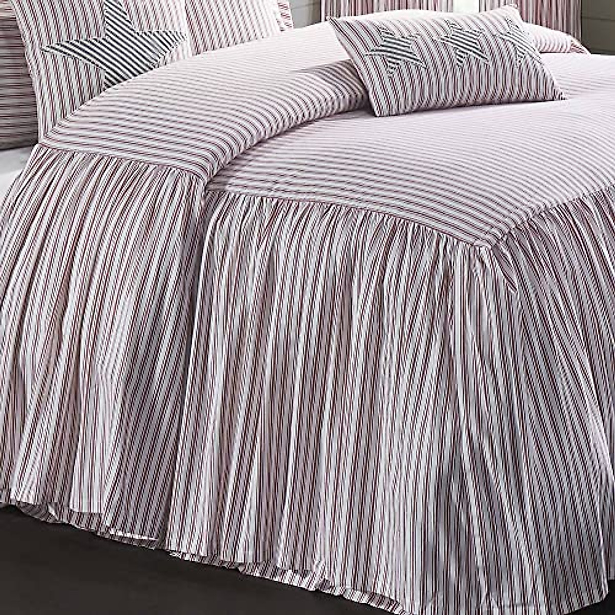 Piper Classics Timeless Ticking Red Ruffled California King Bedspread, High Skirt on 3 Sides, Vintage Farmhouse Bedding, Christmas