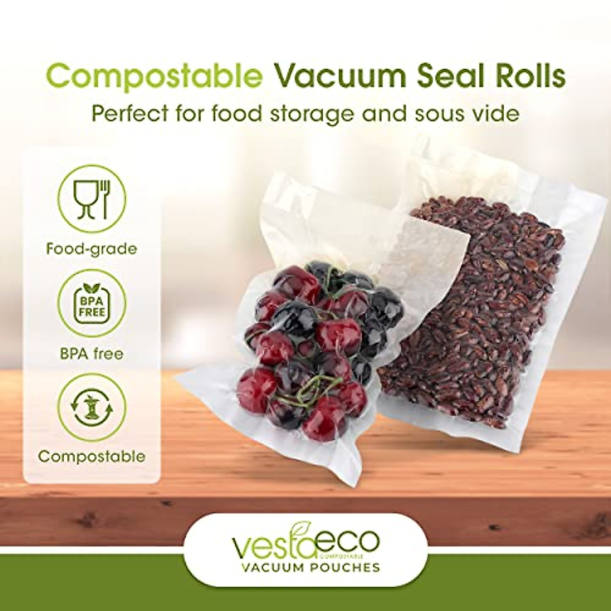 VestaEco Commercially Compostable Vacuum Seal Rolls - Embossed - 2 Vacuum Seal Rolls - 11 Inches x 20 Feet