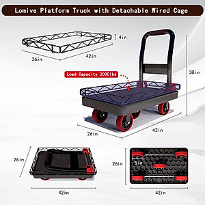 2IN1 Heavy Duty Platform Trucks Flatbed Carts, 42×26In 2000lbs Capacity Push Cart Dolly Hand Trucks w/Detachable Solid Steel Wire Fence, Collapsible Cage Cart Dolly, 5-Inch Silent TPR Wheels