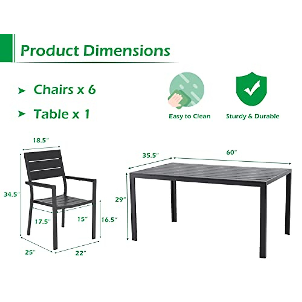 AECOJOY 7 Piece Outdoor Dining Set, Aluminum Patio Table and Chairs Set for 6 with Rectangular Table and Stackable Chairs for Garden, Backyard, Black