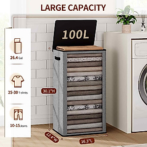 Relefree Laundry Hamper with Lid,100L Large Collapsible Laundry Baskets,Dirty Clothes Hamper with Removable Bag,Tall laundry Hamper with Internal Support for Bedroom,Bathroom,Dorm,Laundry Room,Grey