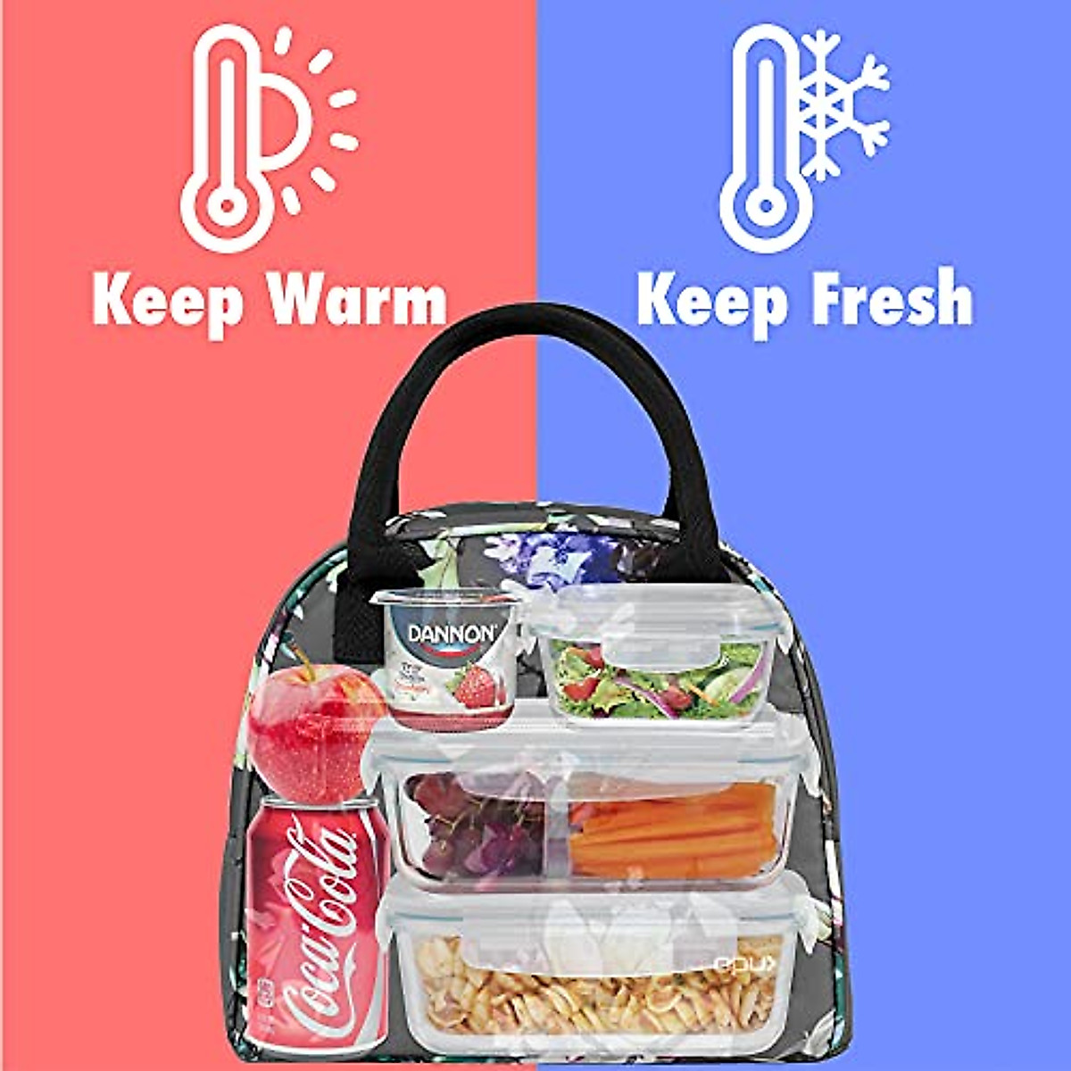 OPUX Insulated Lunch Box Women, Lunch Bag Tote Girls Kids Teen Adult, Cute Soft Lunch Cooler Container Work School, Reusable Thermal Food Meal Prep Organizer Lunch Pail Travel Beach, Floral Gray
