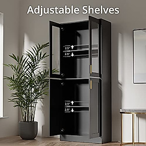 Cozy Castle 70" Tall Display Cabinet, Pantry Cabinet with Acrylic Glass Doors and Adjustable Shelves, China Cabinet, Office Storage Cabinet, Bookcase, Black