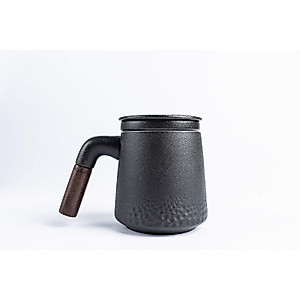 iHarbort Tea Cup with Sandalwood handle, 13 oz, Ceramic Tea Mug with Porcelain Infuser and Lid for Hot Tea or Coffee, Gift Set, 1-Pack (Matte Grey)