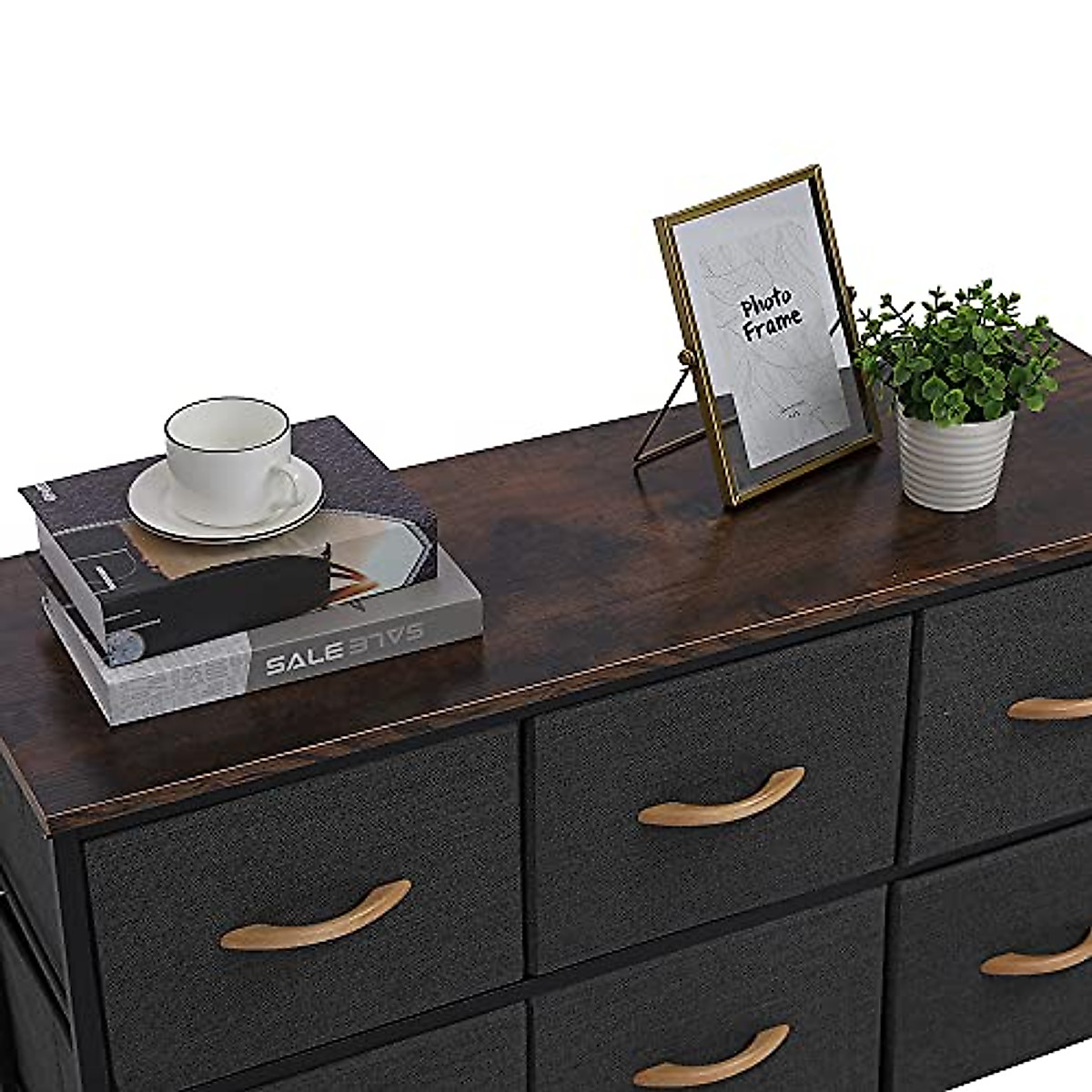 Huedimboene Wide Storage Dresser Furniture Unit with 6 Removable Fabric Drawers, Standing Tower Chest of Drawers with Steel Frame/Wood Top, Large Capacity Organizer for Bedroom, Living Room, Closet