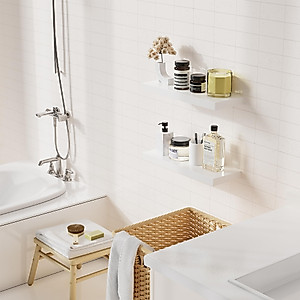 Bellsal Floating Shelves, White Engineered Wood Wall Shelf Set of 2, 15" Wall Mounted Floating Shelf, Hanging Wooden Shelf Invisible with Brackets for Bedroom, Kitchen, Living Room, Bathroom Decor