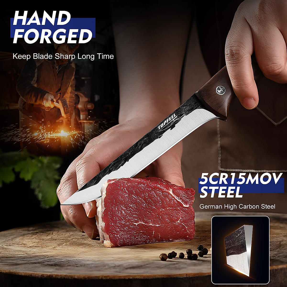 Topfeel 4PCS Hand Forged Butcher Knife Set - Slicing Knife,Boning Knife, Dividing knife,Skinning Butcher Knife,High Carbon Steel Meat Cutting Knife for Home Kitchen & Outdoor
