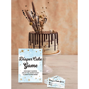 Baby Shower Game Set, Diaper Cake Games(1 Standing Sign + 50 Guessing Cards), Moon and Stars Guess How Many Diapers Party Game, Sleepover Theme Gender Reveal Party Favor Decor(A06)