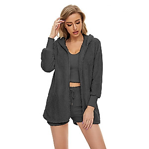 HRESSLBD Cozy 3 Piece Loungewear for Women, Fuzzy Shorts Sets for Women, Womens Fuzzy Fleece 3 Piece Pajama Set Tank Crop Tops Shorts Open Cardigan, Fluffy Crop Top and Shorts Set (Dark Gray, XL)