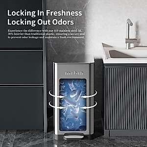 MRBIN Stainless Steel Bathroom Trash Can, 2.6 Gallon Slim Metal Waste Basket with Ultra Thin Lid and Foot Pedal, Step Garbage Can for Narrow Bedroom, Kitchen, Office