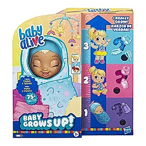 Baby Alive Baby Grows Up (Happy) - Happy Hope or Merry Meadow, Growing and Talking Baby Doll, Toy with 1 Surprise Doll and 8 Accessories , Blue