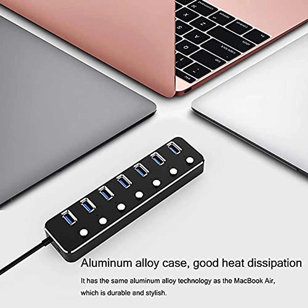 GPPZM Aluminum 7-Port USB 3.0 Hub 120cm Cable Sub-Control Switch 5Gbps LED Indicator HUB Chargeable Splitter for Multi USB Devices (Color : Silver)