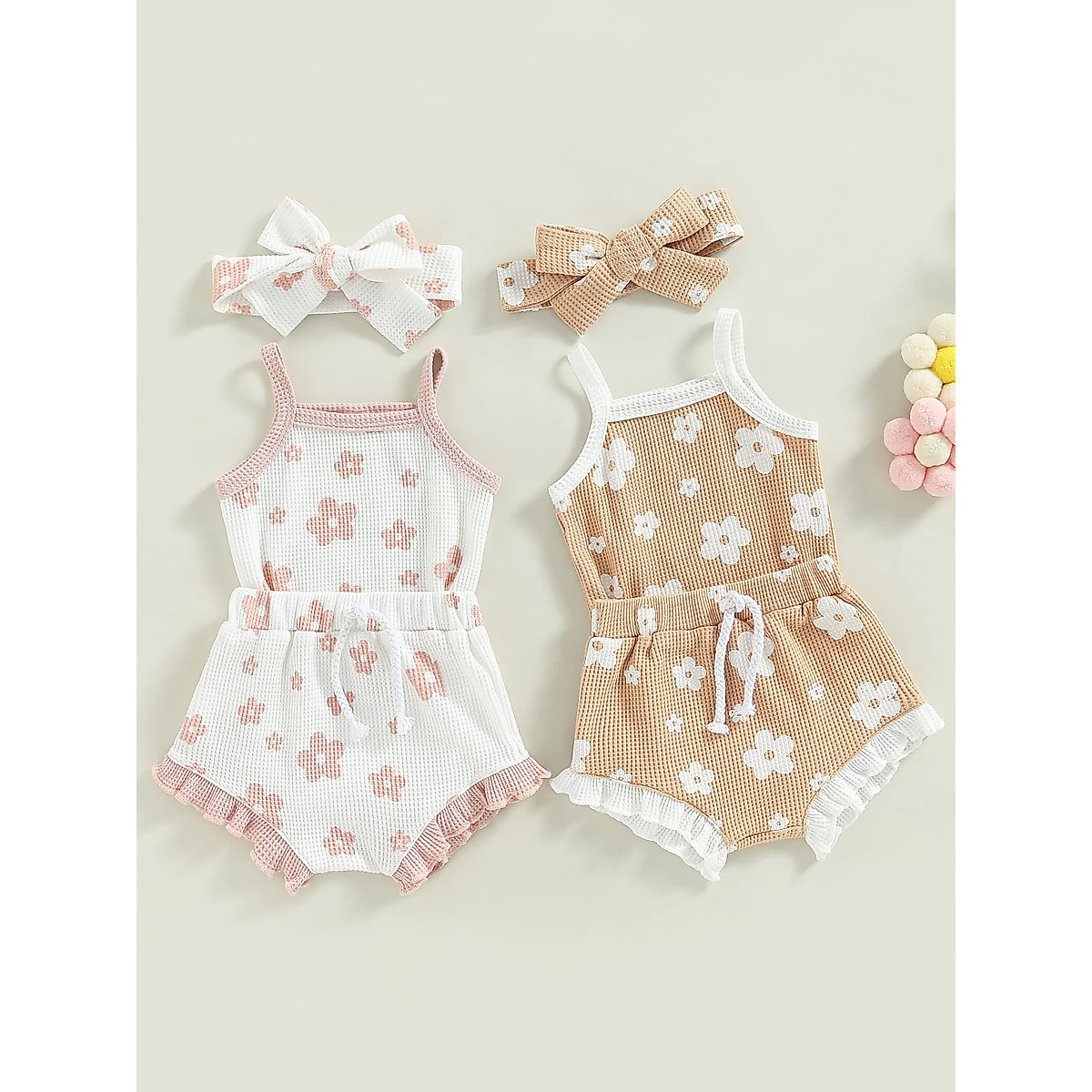 LIOMENGZI Newborn Baby Boy Girl Summer Clothes Outfits Set Fly Sleeve Solid Romper Tops Drawstring Short Headband Clothes Set (Light Khaki, 0-3 Months)