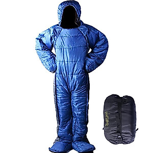 72" Large Wearable Human Sleeping Bag Zipped Foot Opening Design Free Size Ultralight Hoodie Quilted Warm Thermal Coat for Adults Winter or Outdoor 4 Season Camping