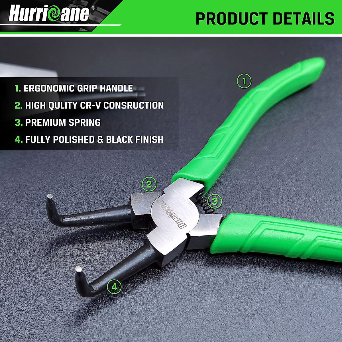 HURRICANE 4 Pieces Snap Ring Pliers Set, 7 Inch Internal & External Circlip Pliers Kit, CR-V Straight & Bent Jaw Pliers, Ideal for Ring Remover Retaining and Remove Hoses, with Portable Storage Pouch