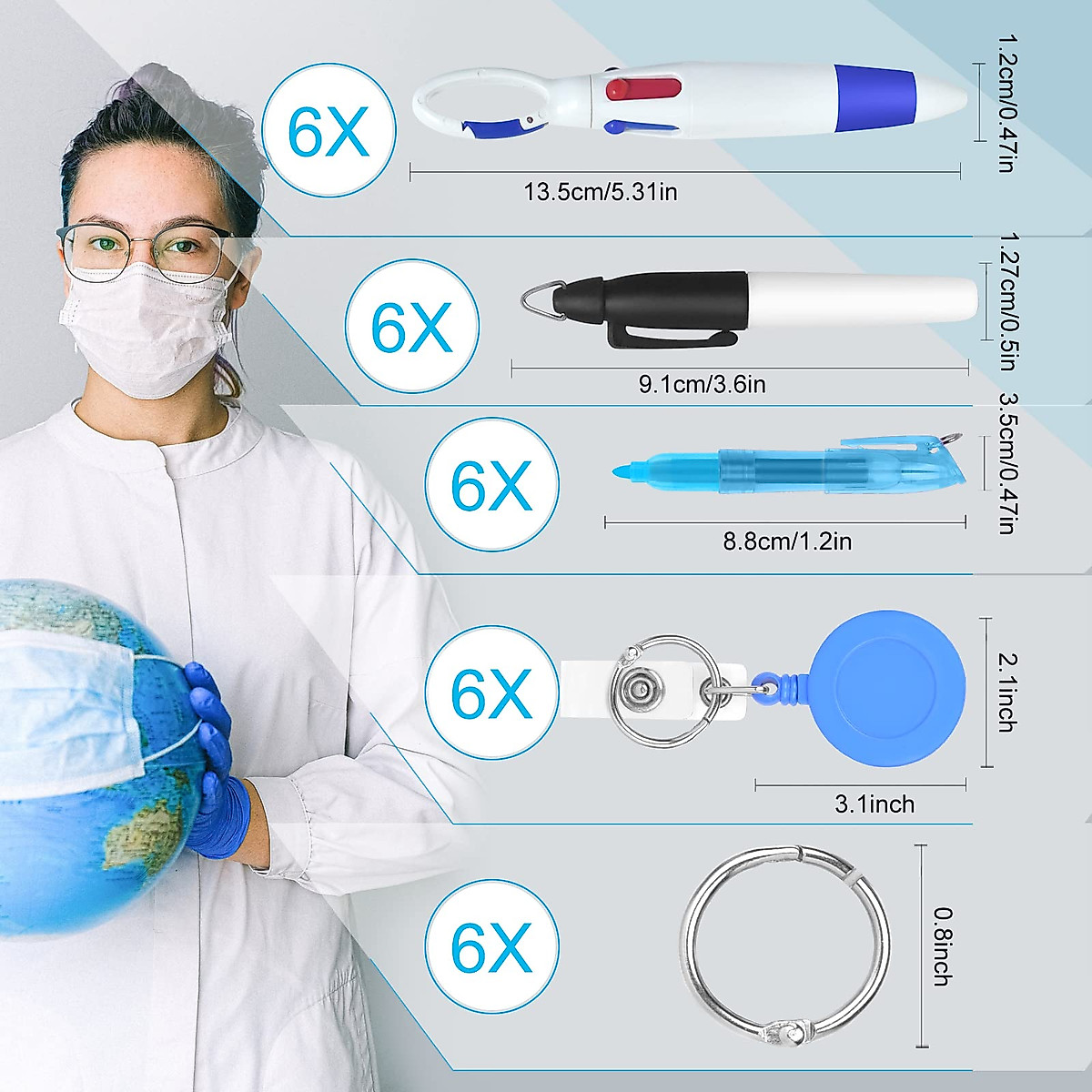 24 pieces Nurse pen set Nurse Pen Pack include 6 pieces Tip Highlighter 6 pieces Permanent Marker Pen And 6 pieces Retractable Ball Pen With 6 pieces Nurse Badge Clip Retractable ID Name Reels