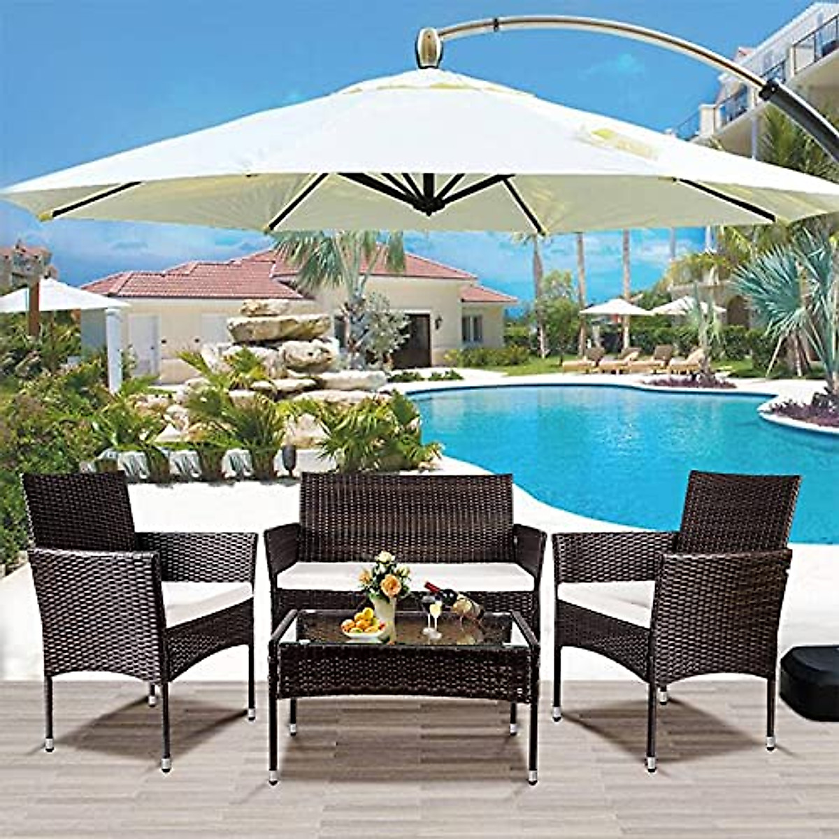 NC 4 PCS Outdoor Garden Rattan Patio Furniture Set Backyard Cushioned Seat Wicker Sofa Kit Brown