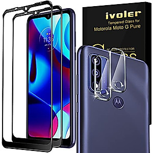 ivoler [2+2 Pack] Tempered Screen Protector [Full Coverage] for Motorola G Pure [2 Pack] with Camera Lens Protector Tempered Glass[2 Pack] 9H Hardness, Bubble Free, Anti-Scratch 6.5inch- Black
