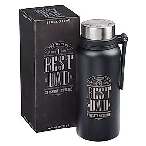 Christian Art Gifts World's Best Dad Strength & Courage Joshua 1:9 Laser Engraved Black Stainless Steel Double Wall Vacuum Insulated Water Bottle w/Carry Handle Strap Lid for Fathers, Hot/Cold, 32 oz.
