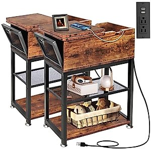 Side Table Living Room with Side Opening and Flip Top, 12" D x 24" W x 28" H, Narrow End Table Rustic End Tables with USB Ports and Outlets, Narrow Side Table(2 Pack)