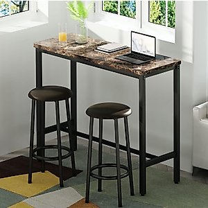 AWQM 3 Piece Dining Table Set Bar Table and Chairs Set for 2 Faux Marble Kitchen Counter Height Dining Table Set with 2 Padded Stools 3-Piece Modern Pub Table Set, Marble Brown, 47.2"