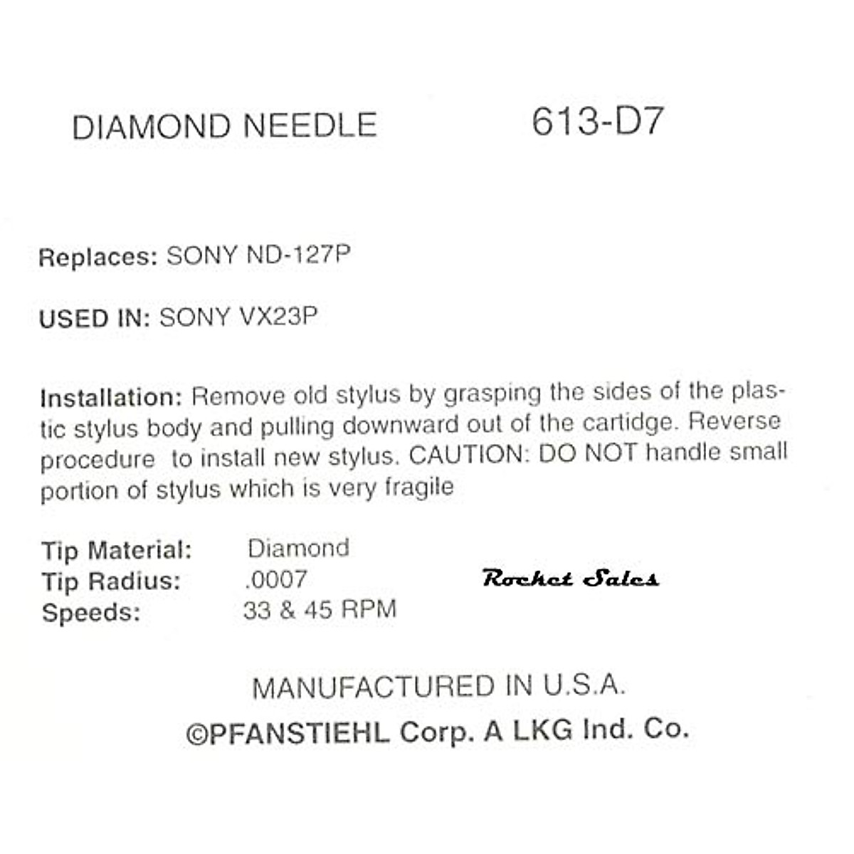 Pfanstiehl Phonograph Turntable Needle Stylus For Astatic N1554-7D Sony ND-127D ND-127P VX-23P