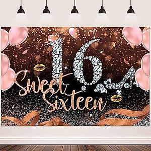 Happy Sweet 16th Birthday Backdrop Balloons High Heel Diamond Banner Backdrop Decorations for Girls Rose Gold Bokeh Sweet 16 Party Supplies Sweet Sixteen Birthday Background Photo Booth Props